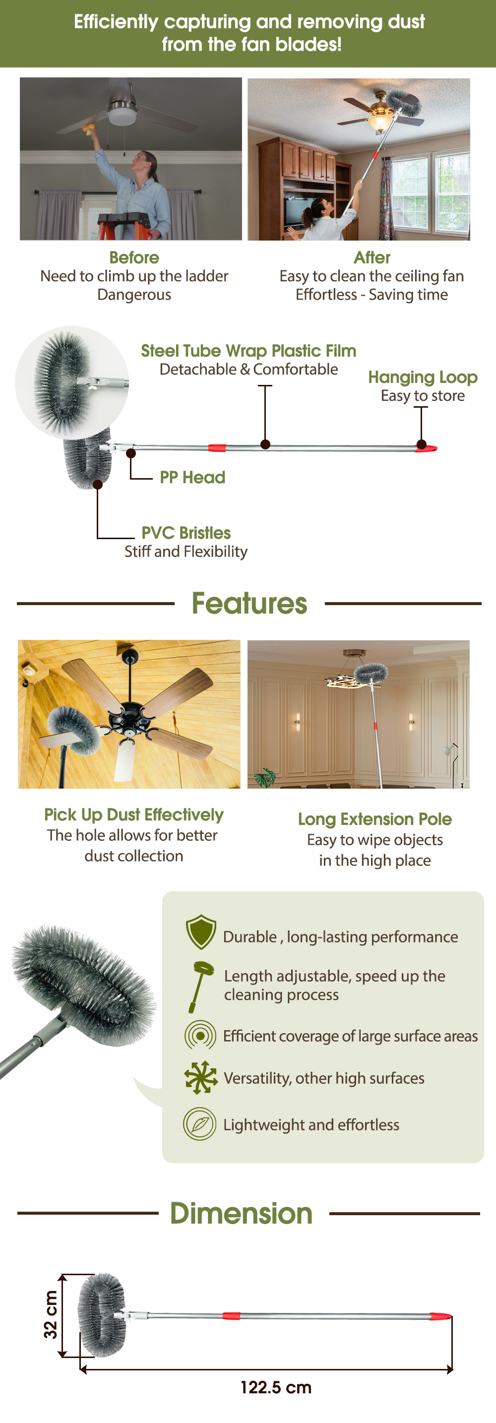 Made in Malaysia Adjustable Ceiling Fan Brush with Extension Pole ...
