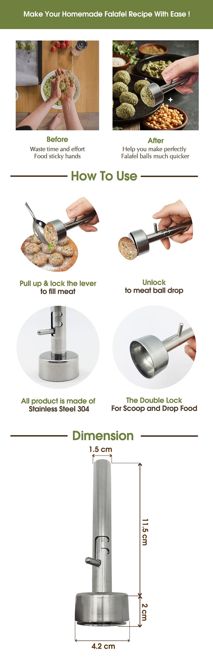 Stainless Steel Falafel Press Scoop with Double Lock – 304 Steel ...